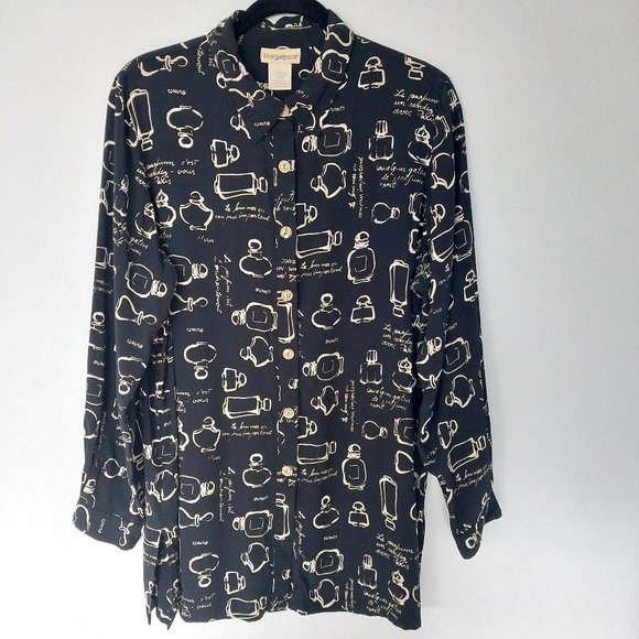 TravelSmith | Tops | Travelsmith Black And Cream Perfume Bottle Print ...